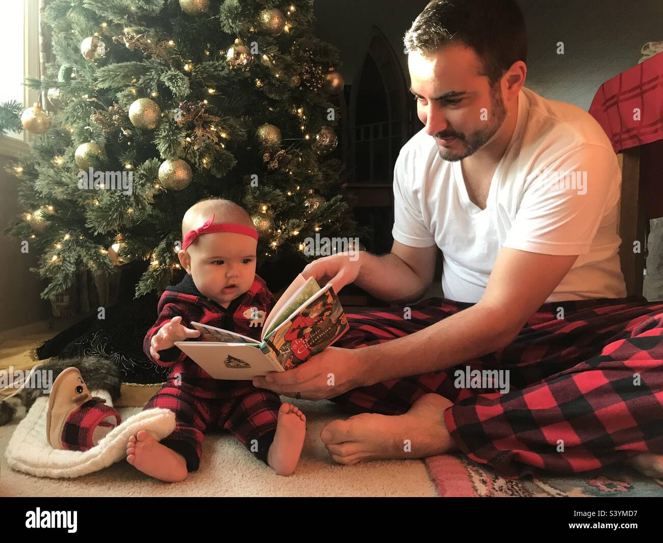 Father reading a Christmas book to his young child in front of a ...