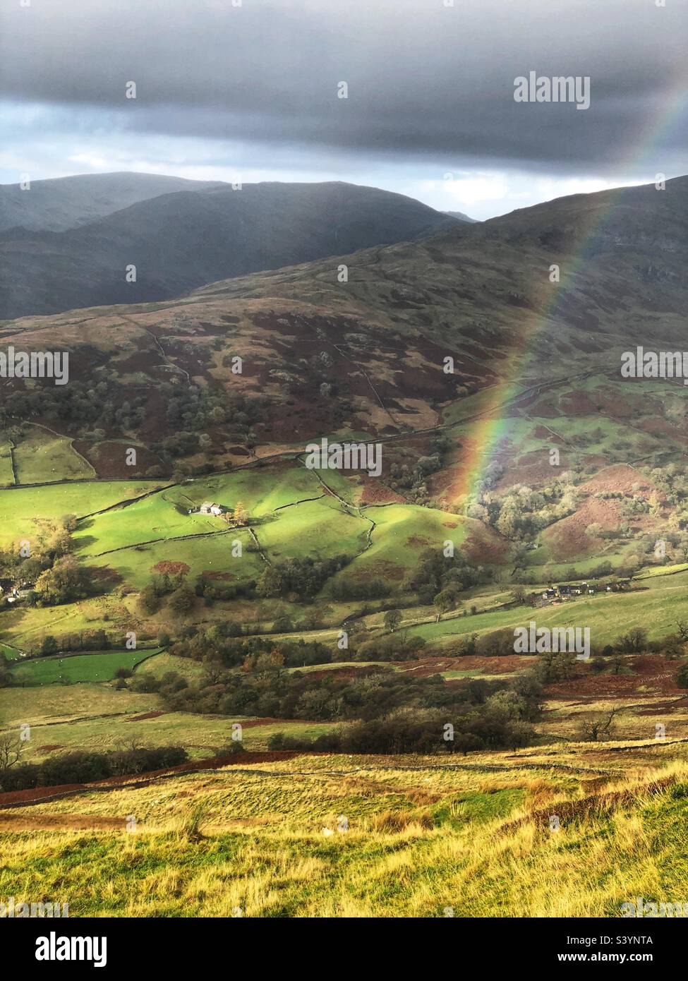 View from the slopes of Wansfell Pike with a Double rainbow, Ambleside ...