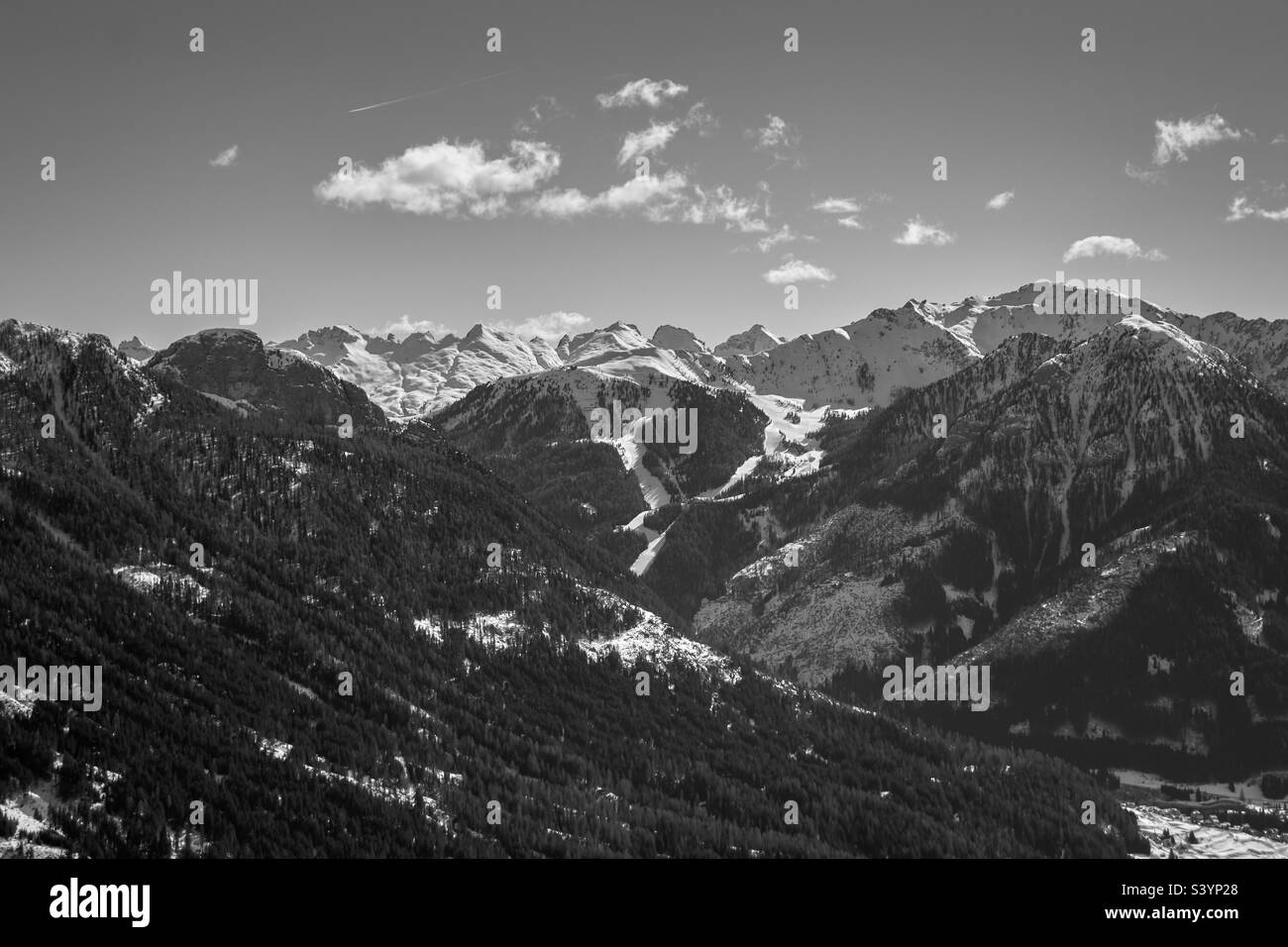 View Over The Beautiful Snowy Val Di Fassa In The Dolomites From The Rosengarten Ski Area Black