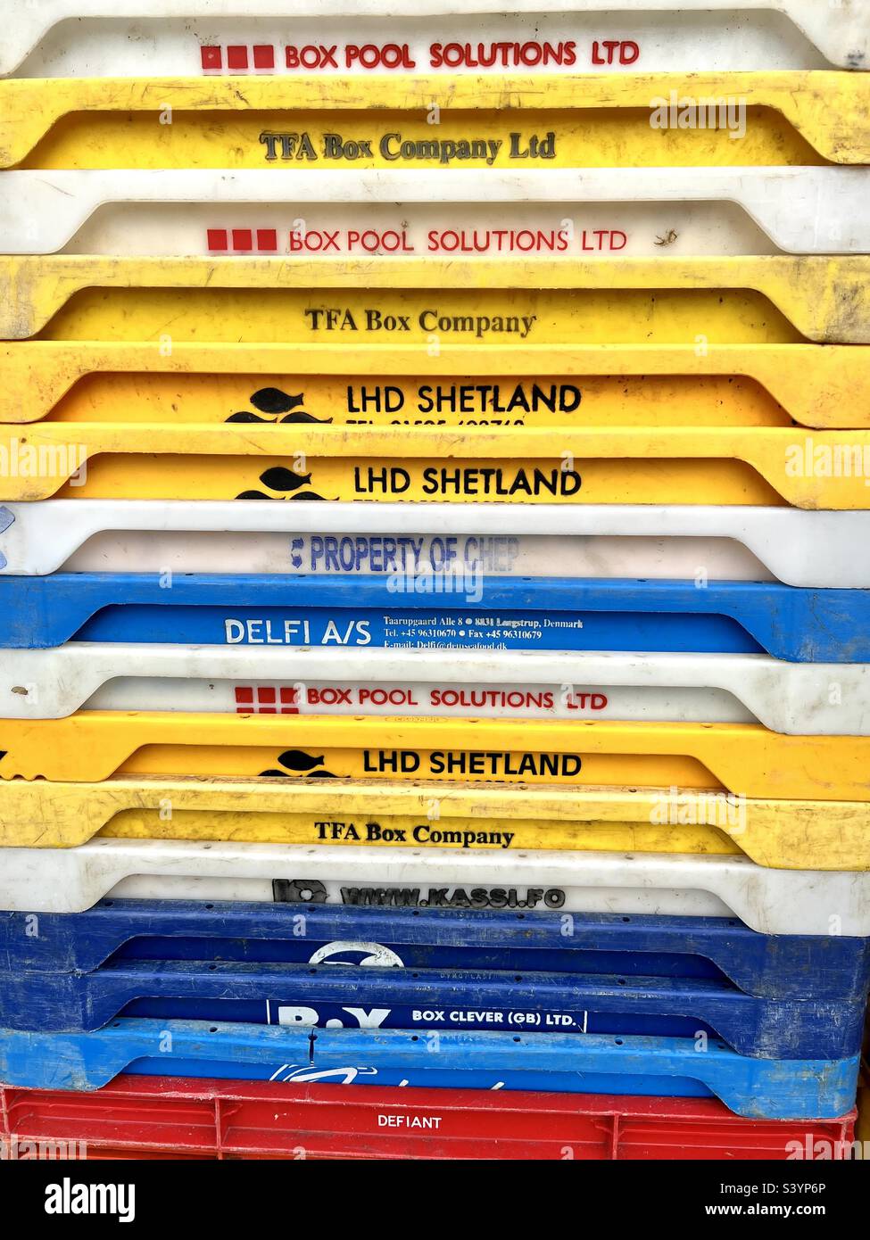 Stack of fish boxes Stock Photo - Alamy