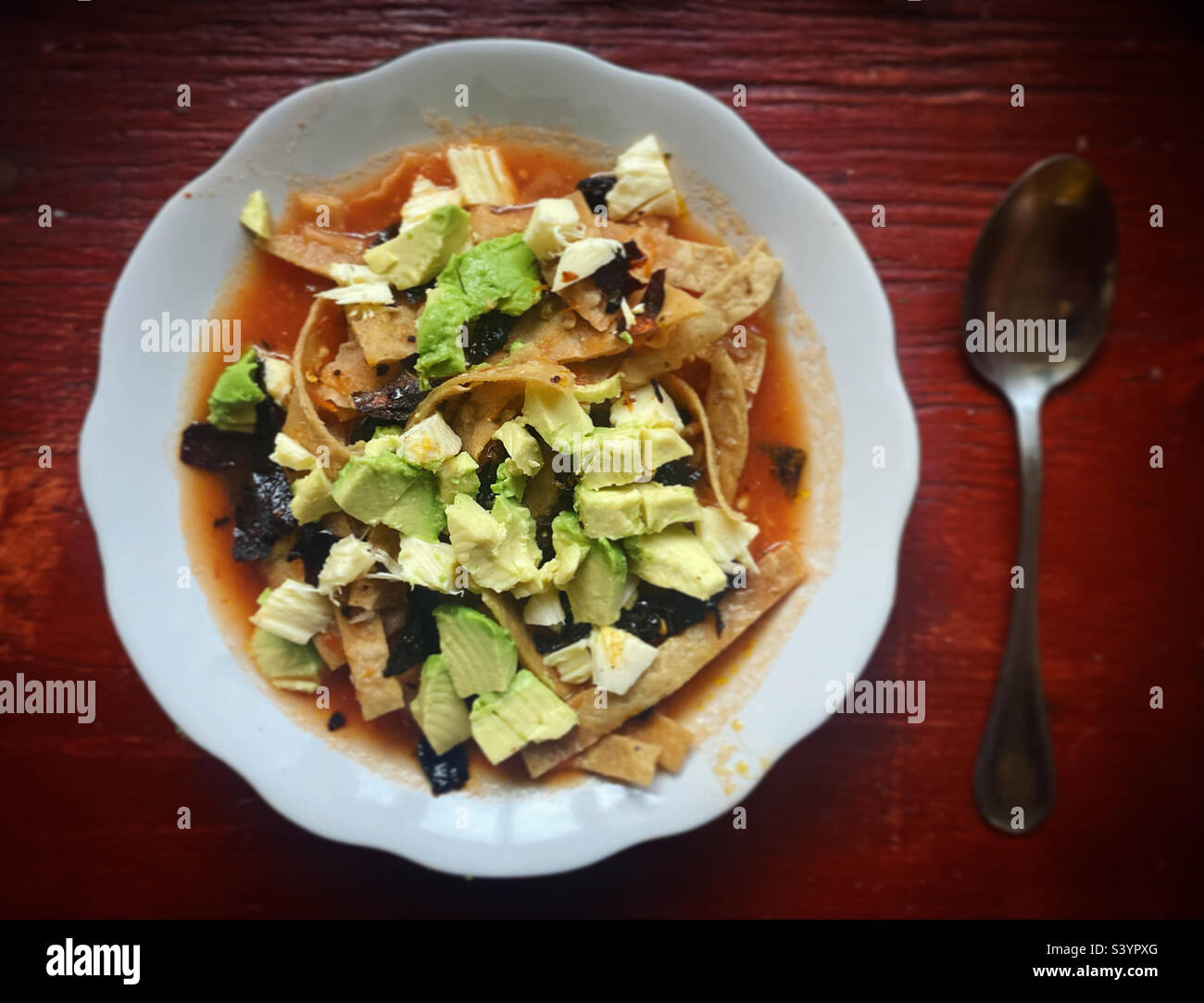 A sopa de tortilla o aztec tomatoe soup in Queretaro, Mexico Stock ...