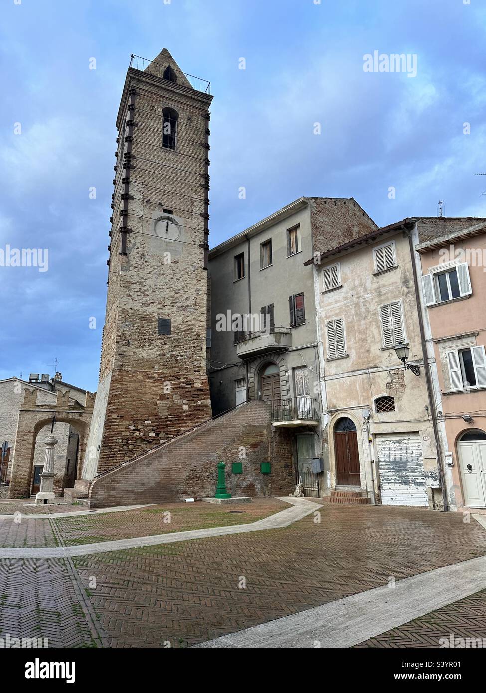 Civic tower view, Roma square, in the old village of Spinetoli, Marche ...