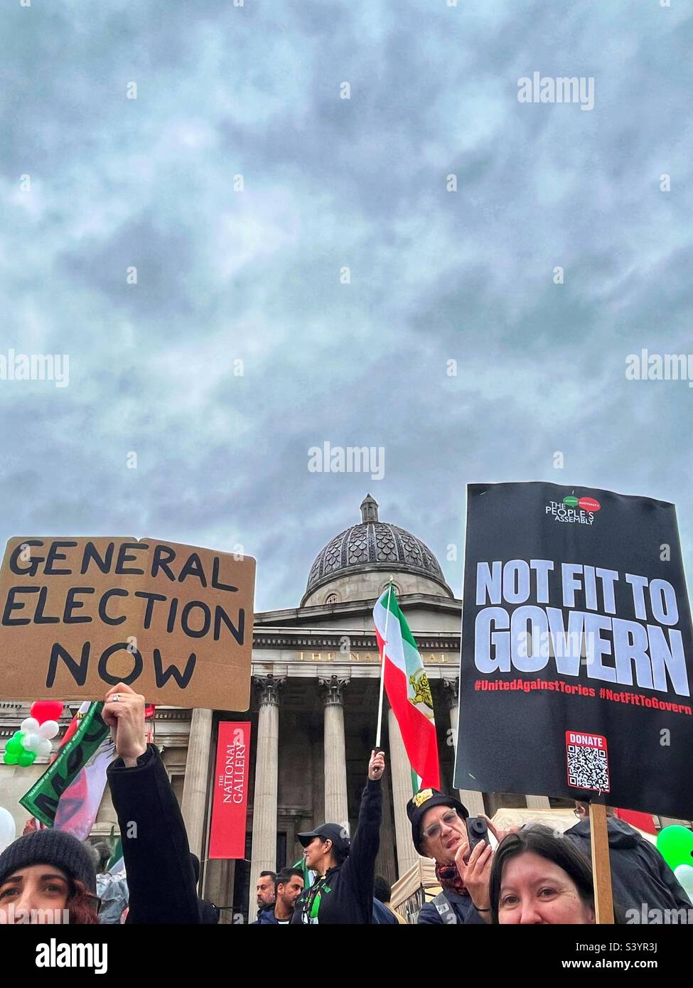Banners and placards calling for a General Election now in Trafalgar ...