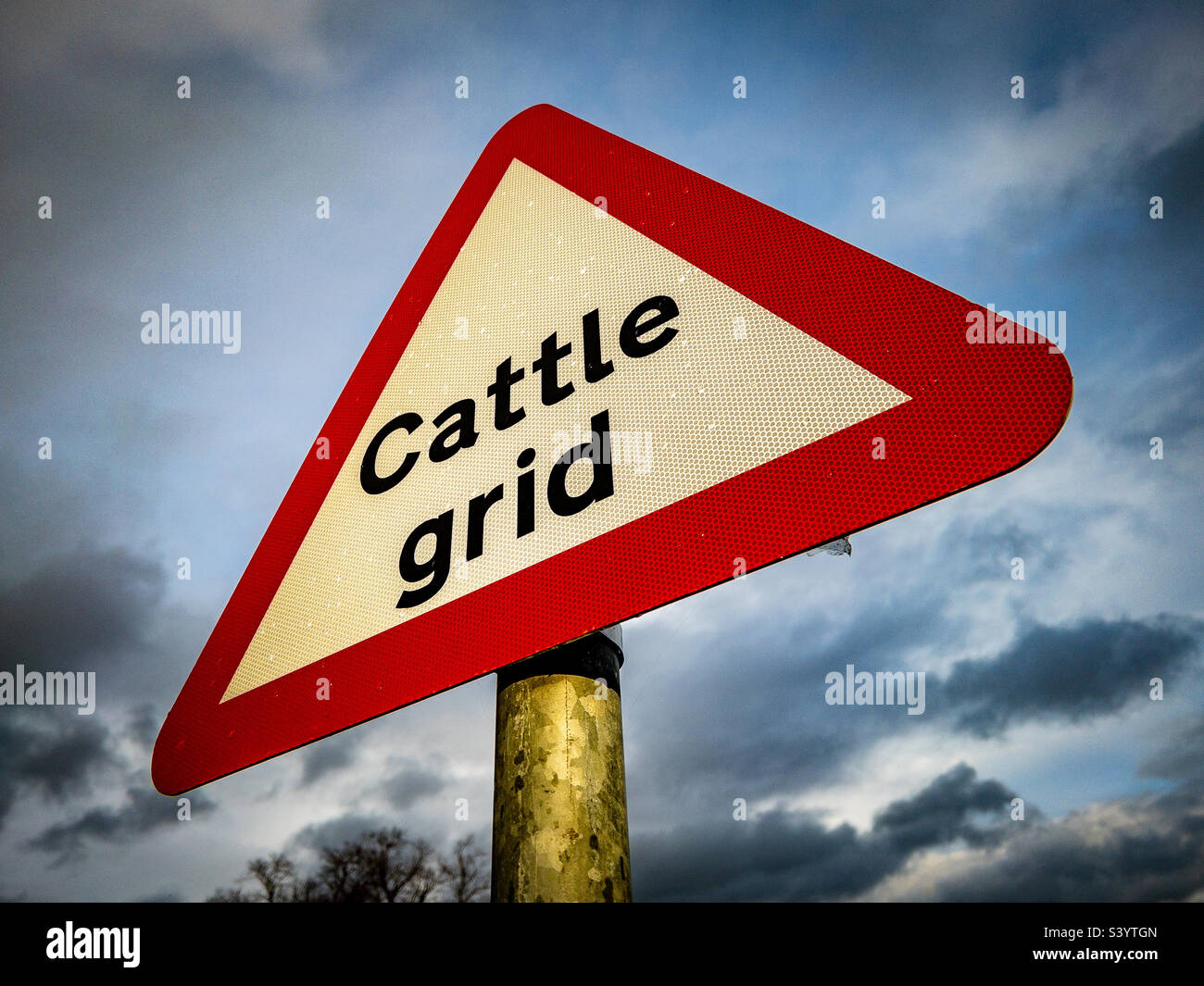 Cattle grid road sign against a dramatic sky Stock Photo - Alamy