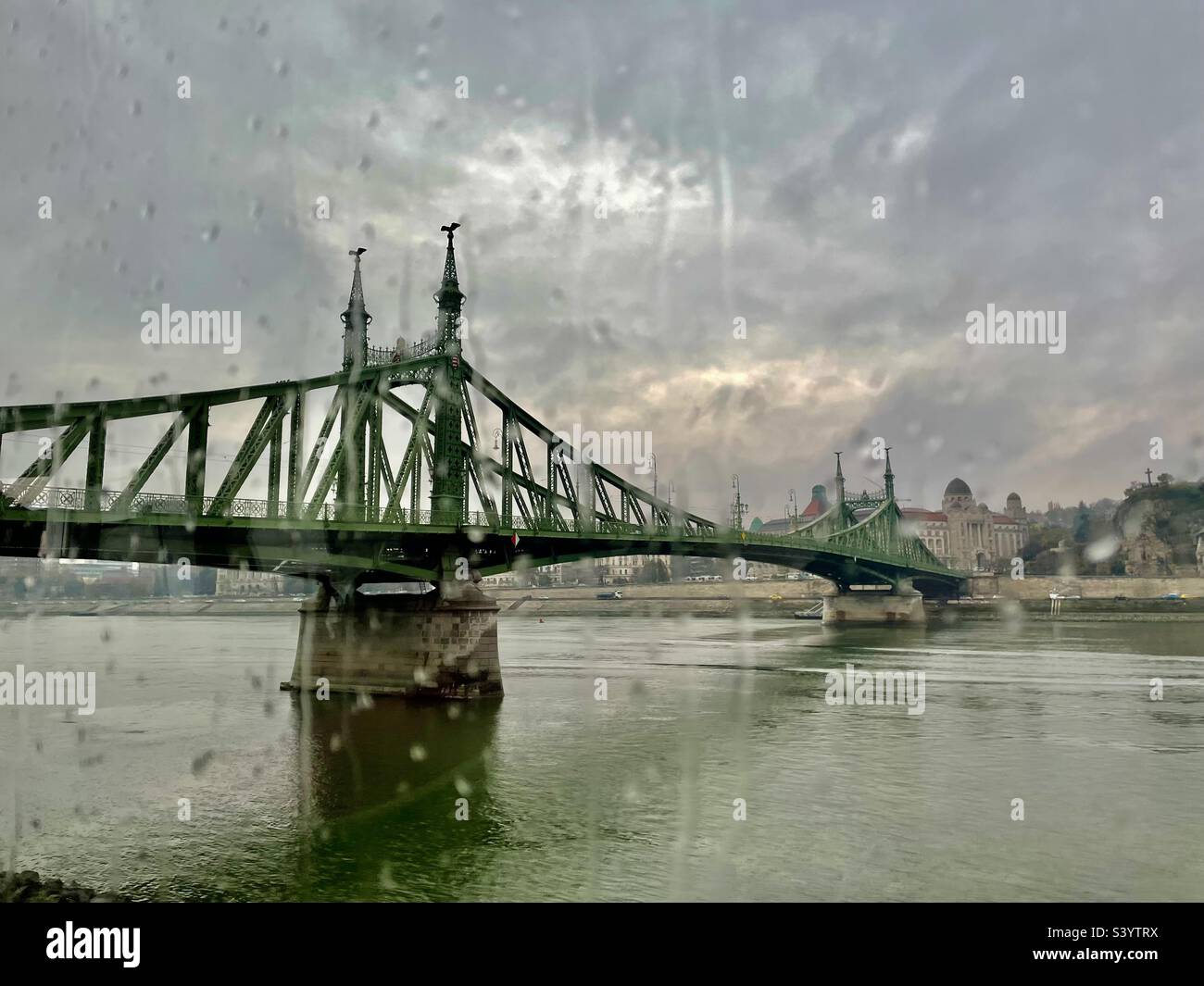 Budapest Bridge through rainy window Stock Photo - Alamy