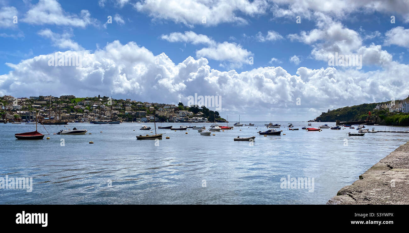 Summer sunshine on River Fowey and harbour at Fowey looking towards ...