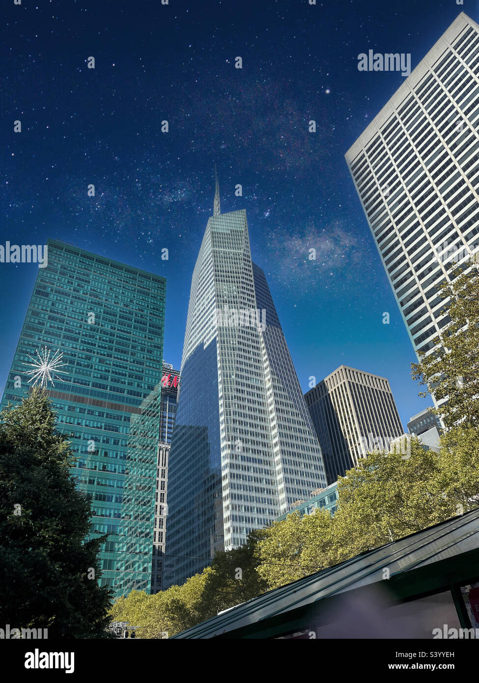 Christmas tree, Bank of America Tower and salesforce building as seen ...