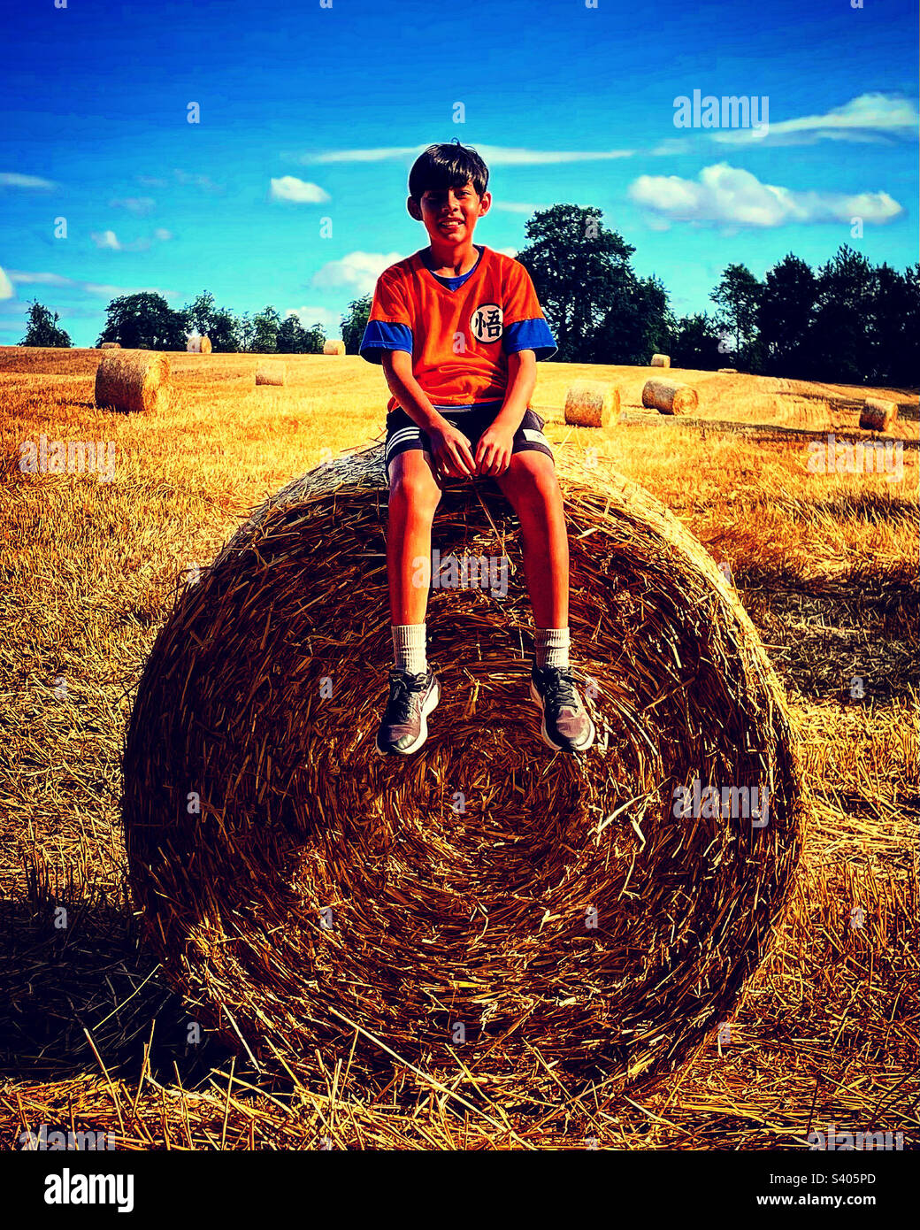 little boy sitting on a round baler straws in the field at the farm ...