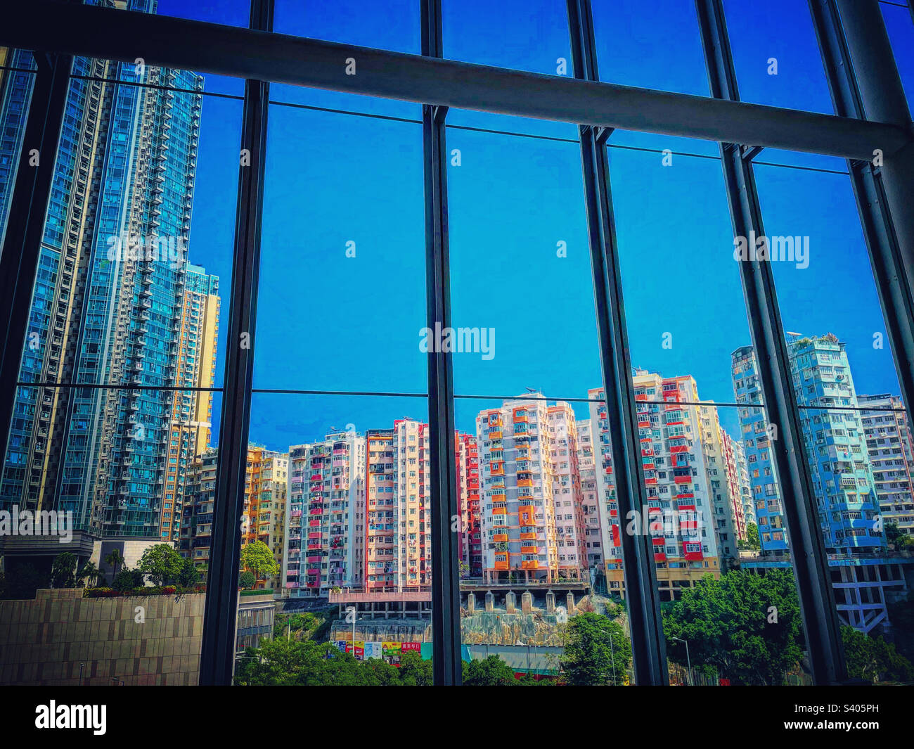 hong kong council flat buildings through a large window glass Stock ...
