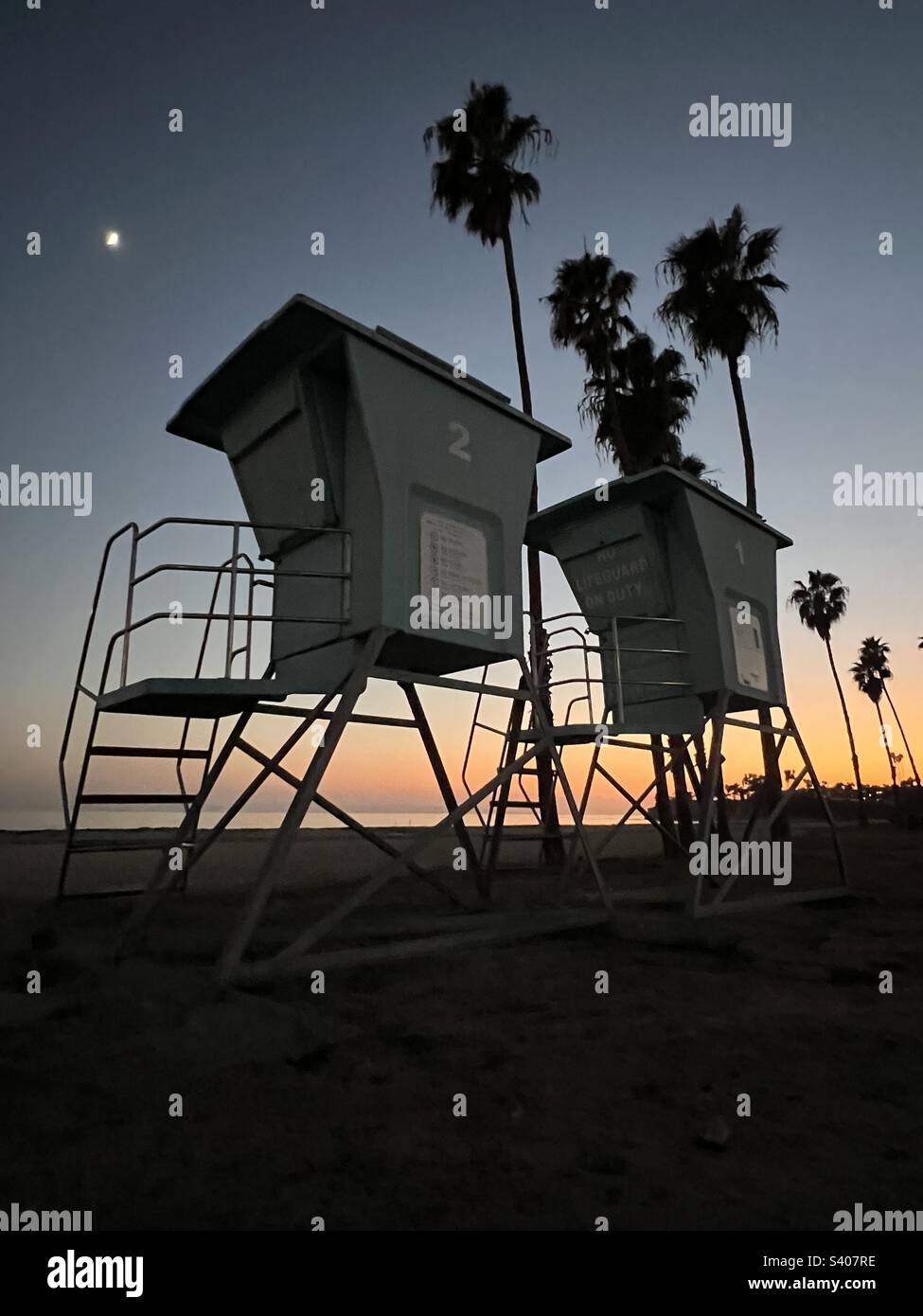 Life guard stations on beach at sunset in Santa Barbara, California ...