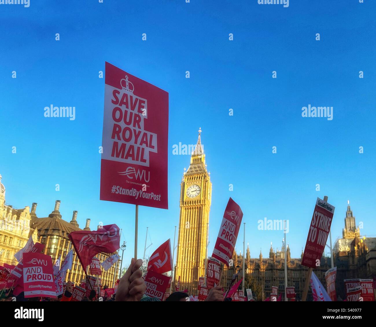Save Our Royal Mail placard with Parliament in the background during ...