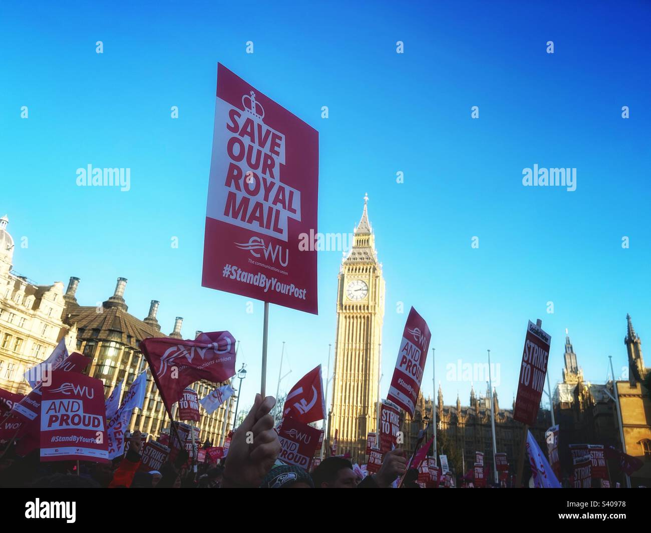 Save Our Royal Mail placard with Parliament in the background during ...