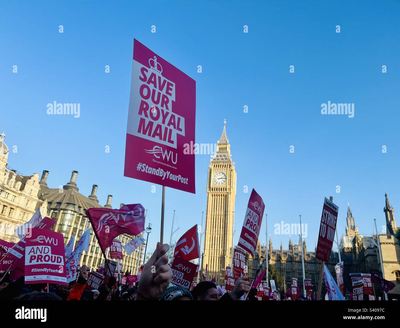 Save Our Royal Mail and CWU and Proud banners or placards with ...