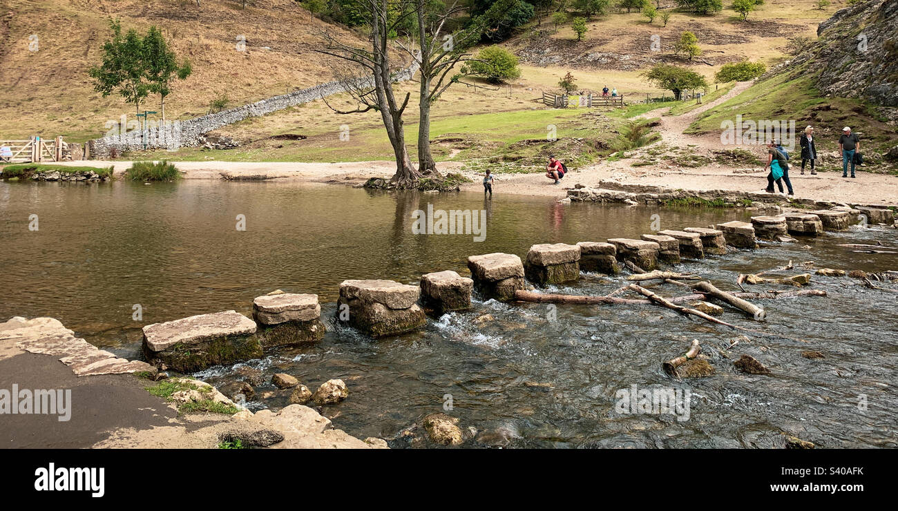 The iconic Dovedale stepping stones on the River Dove near Ilam ...