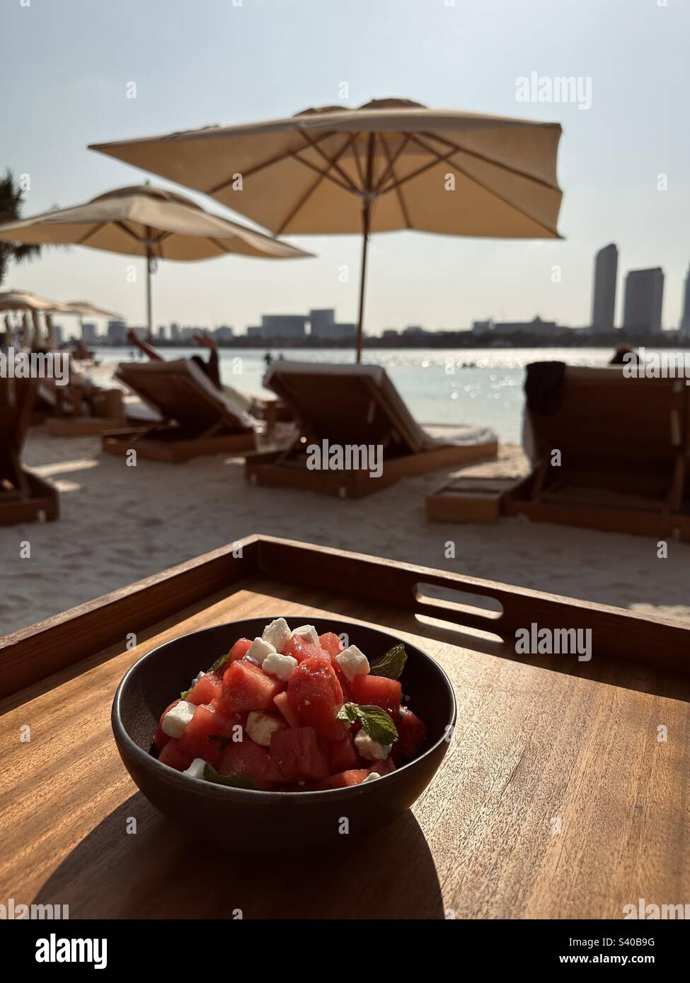 Watermelon and feta cheese salad in a beach day in Dubai Stock Photo ...