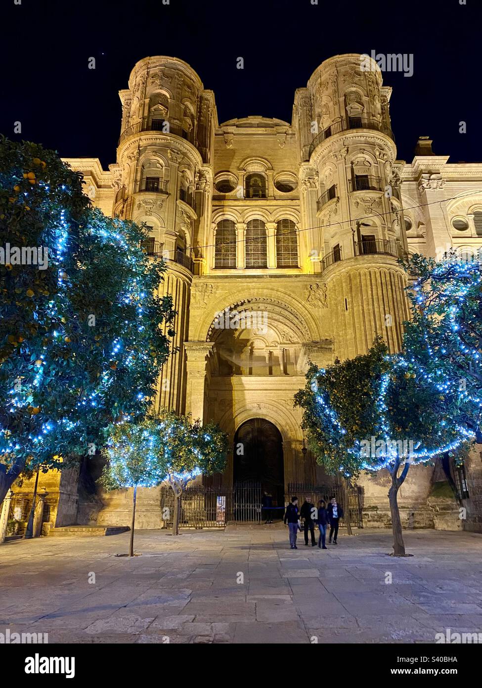 Malaga cathedral at night with Christmas decorations Stock Photo - Alamy