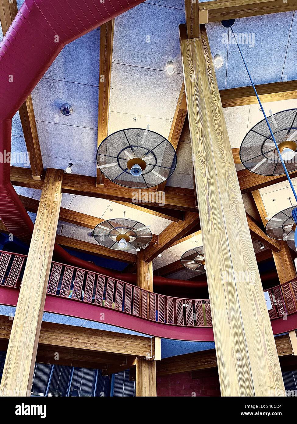 Interesting architectural interior with wooden elements Stock Photo - Alamy