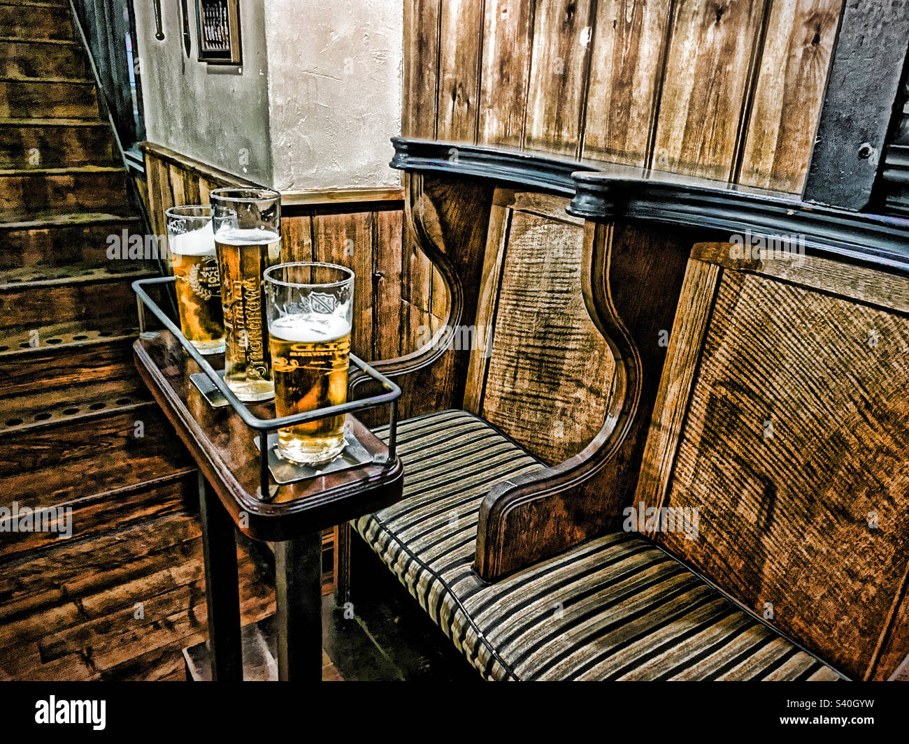 Pub Seating for 3 beers Stock Photo - Alamy