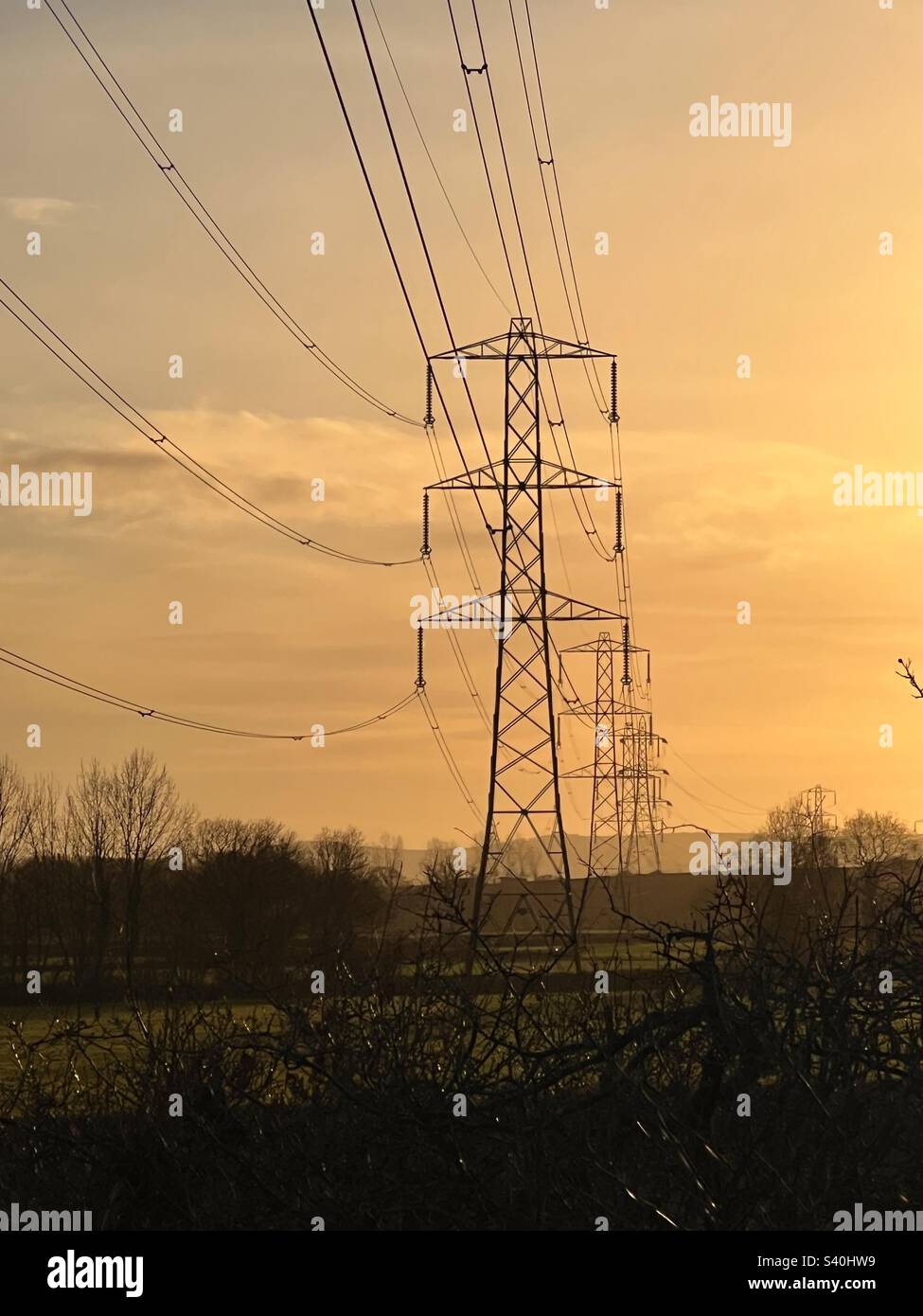 Electricity pylons against yellow orange sky at sunset Stock Photo - Alamy