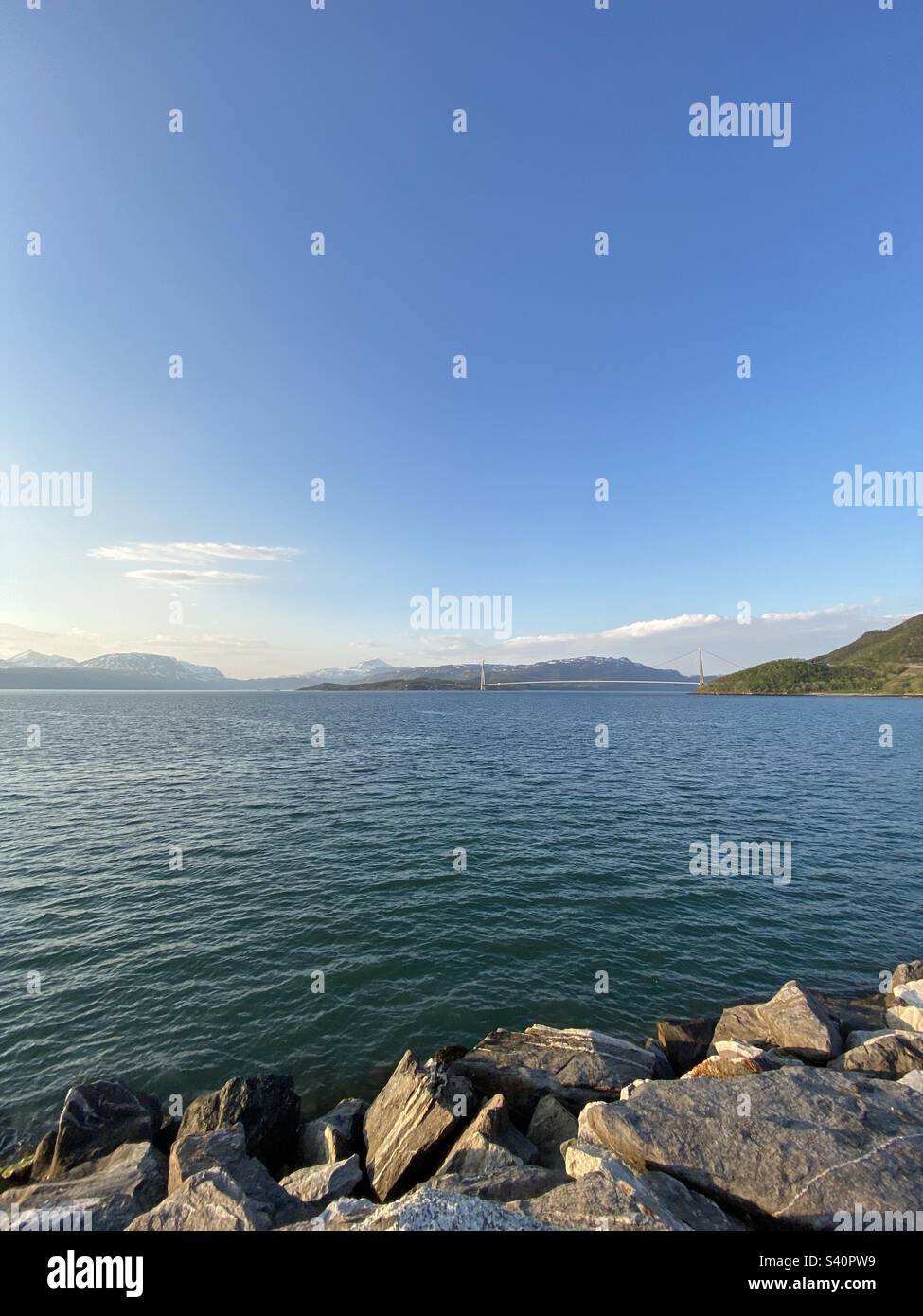 Coastal view in summer in Narvik Norway,Hålogalandsbrua is visible in ...
