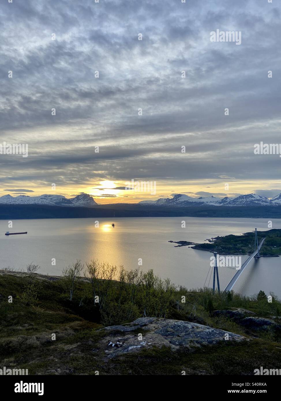 Hiking view in Northern Norway near Narvik. Midnight sun and ...
