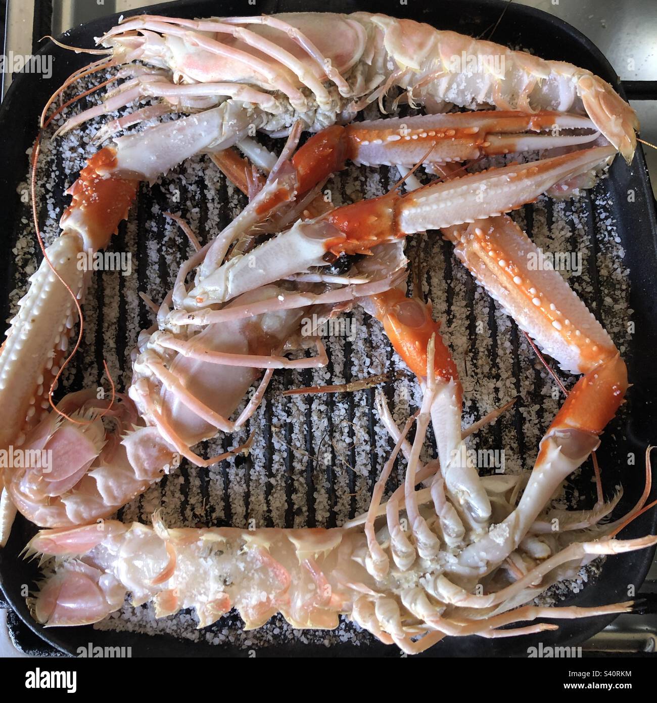 Cigala seafood shrimp being cooked on a pan Stock Photo - Alamy