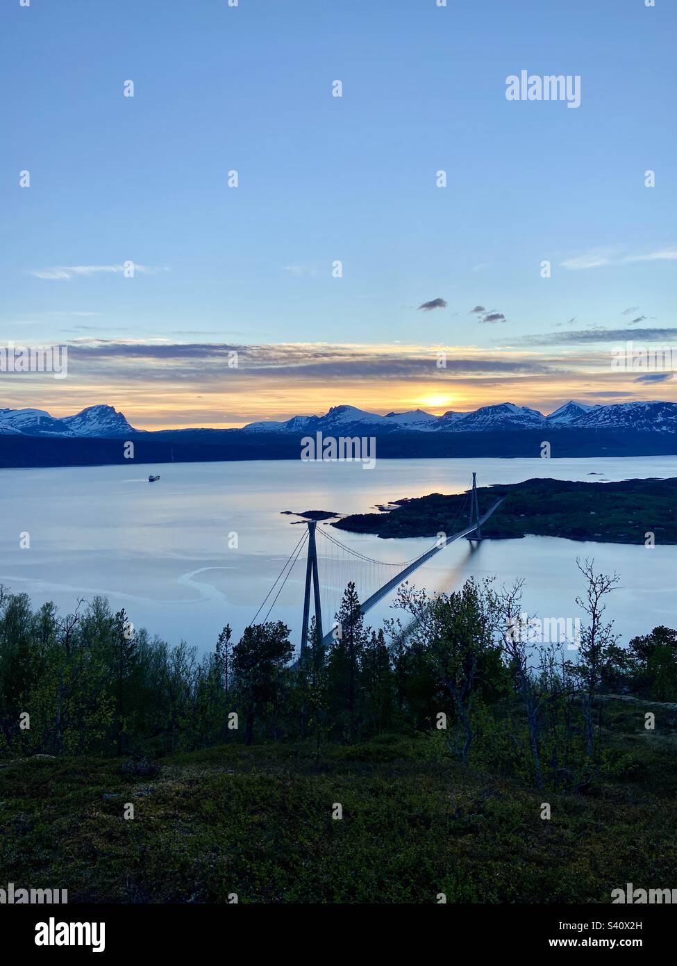 View of the Hålogalandsbrua from above near Narvik, Norway in the ...