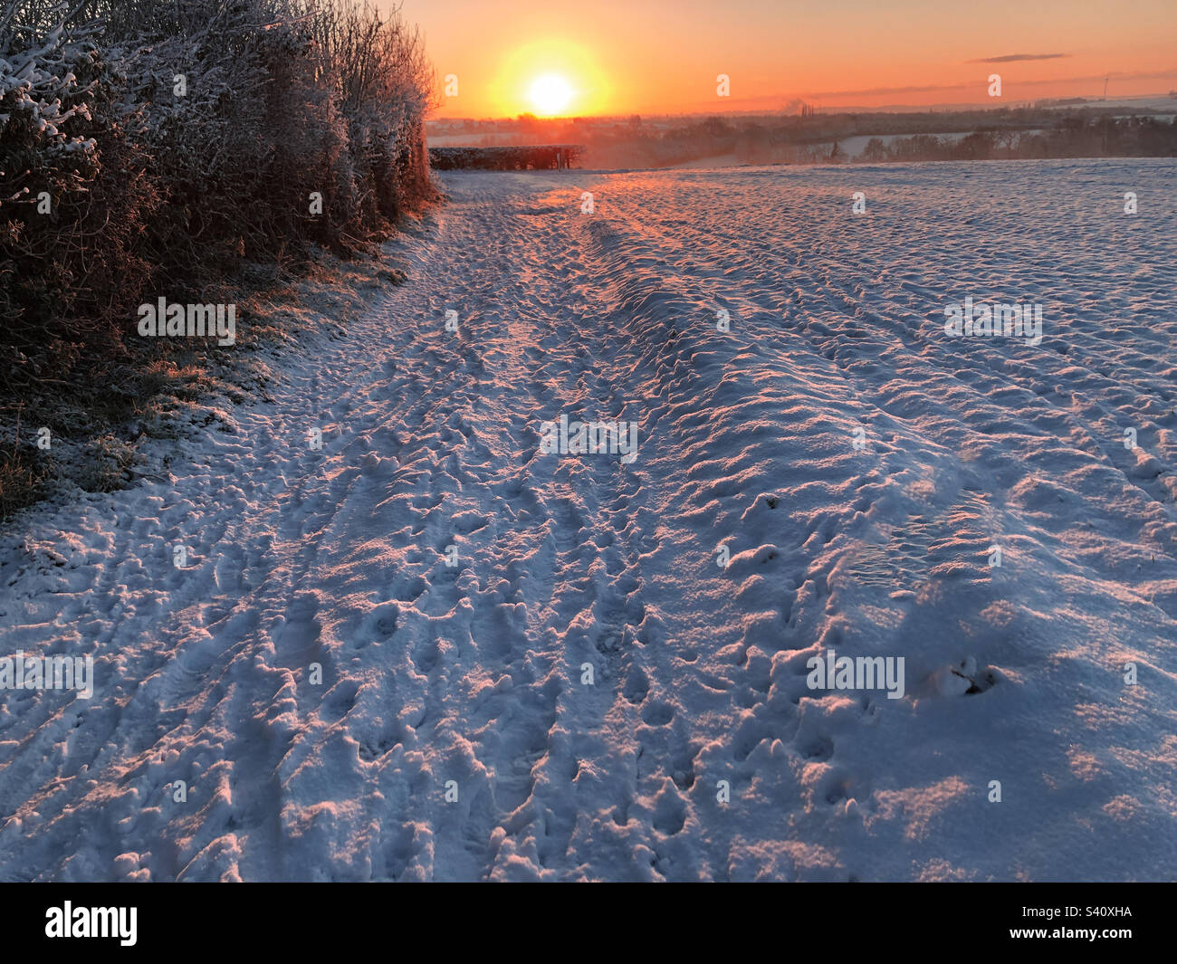 Sunrise over snow covered field landscape hi-res stock photography and ...