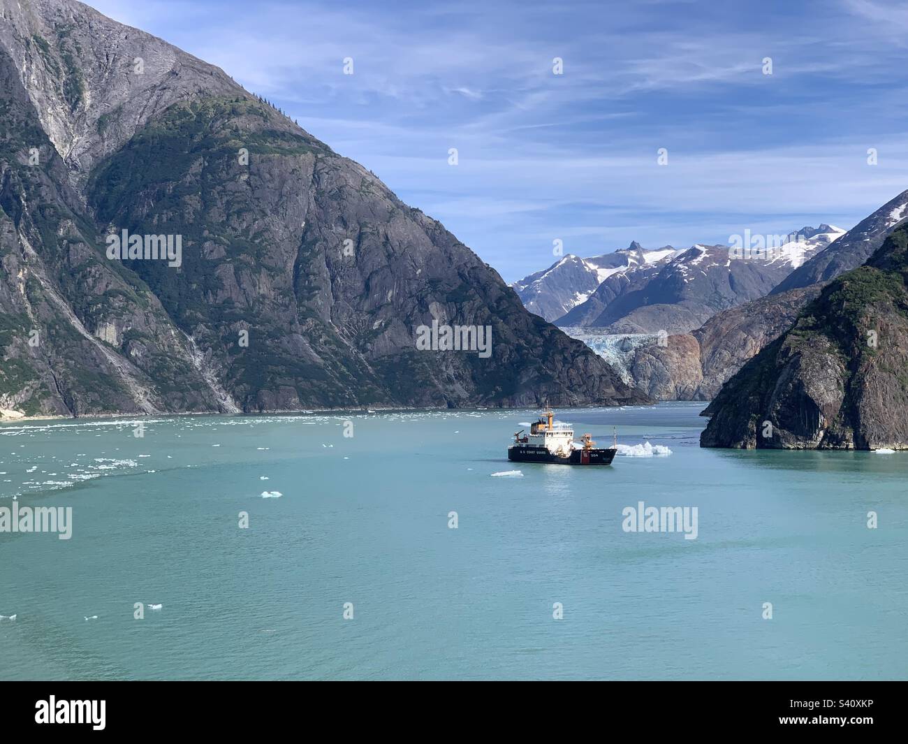 August, 2022, view from a cruise ship balcony sailing through Tracy Arm ...