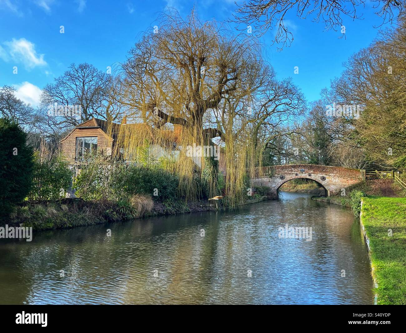 A bridge crosses over the Basingstoke Canal at Dogmersfield near Fleet ...