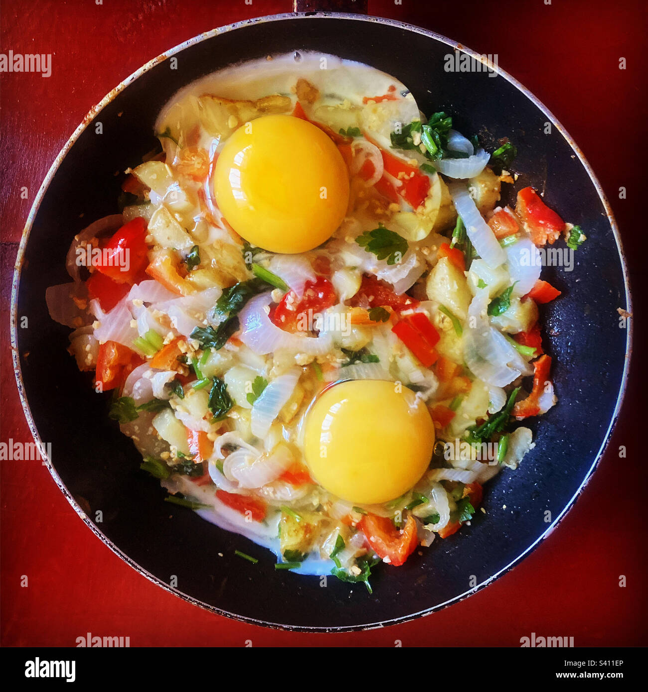 Two eggs with manzano chilli peppers in Queretaro, Mexico Stock Photo ...
