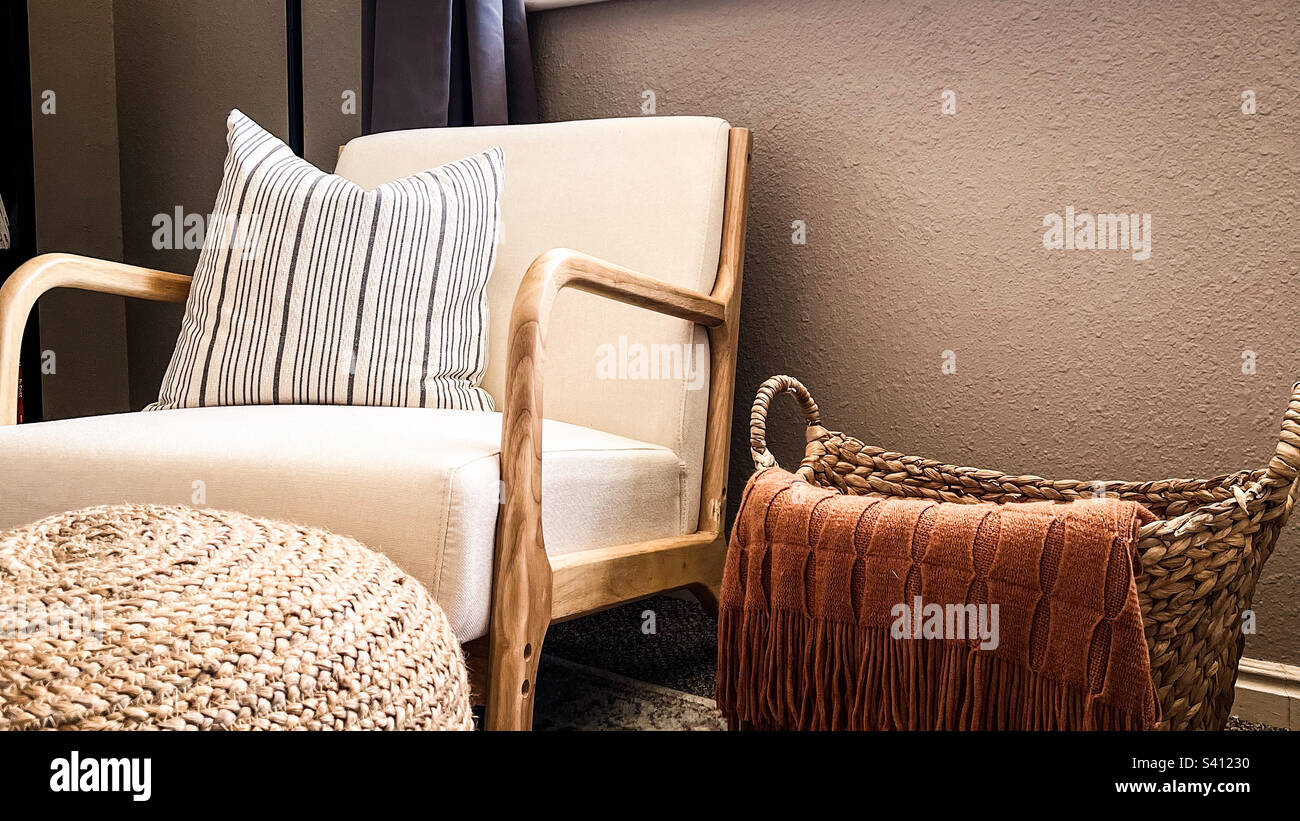 Interior design chair and basket Stock Photo - Alamy