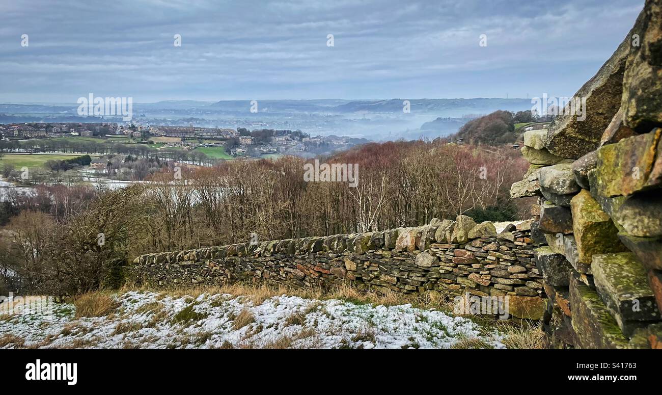 ‘Cold in Calderdale’ a wintry scene as snow lays on the hills and a ...