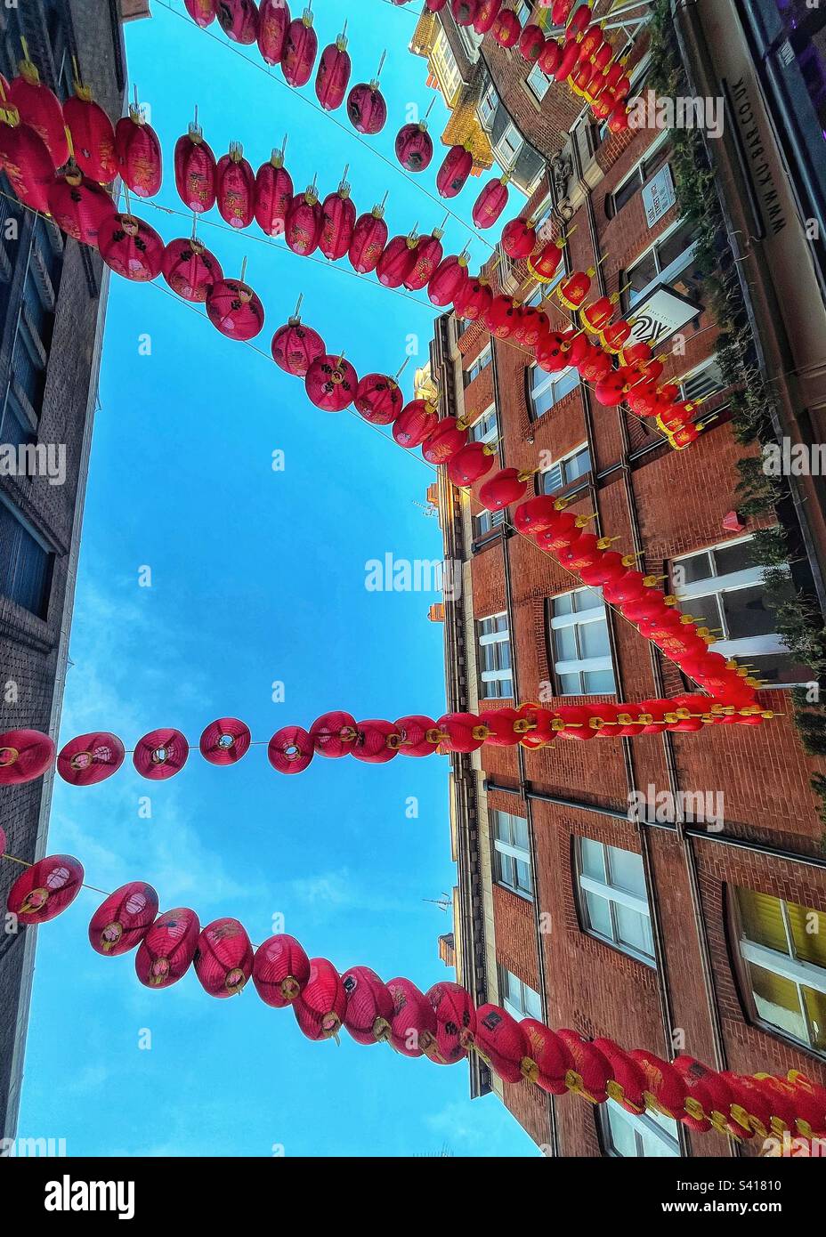 Chinese Lanterns across the Soho Street seen from below on New Year’s ...