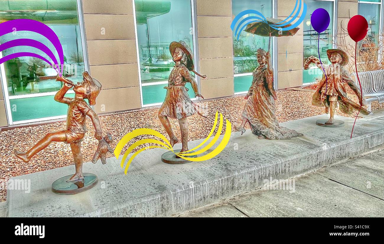 Statues of endearing children marching and playing dress up, keeping ...