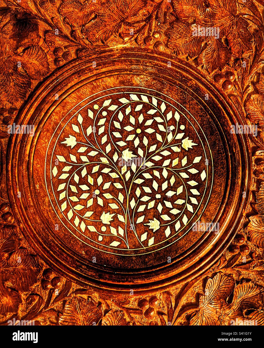 Wood carved table top Stock Photo - Alamy
