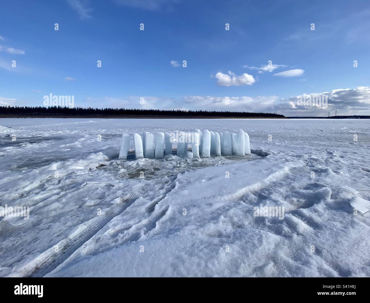 Columns of ice cut for sale, but not bought, melt on the spring Vilyu ...