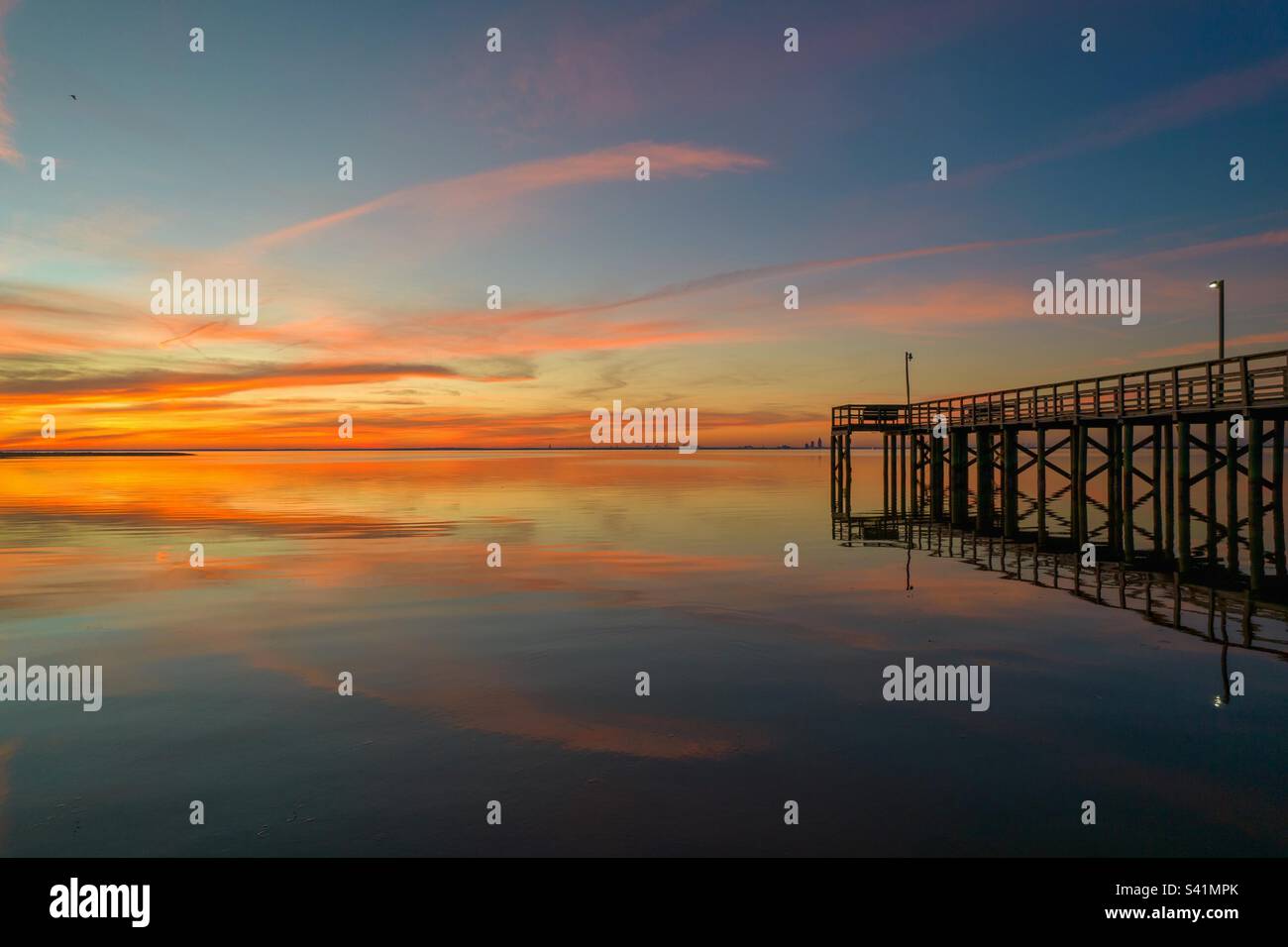 Sunset reflection on Mobile Bay at Daphne, Alabama bayfront park Stock ...