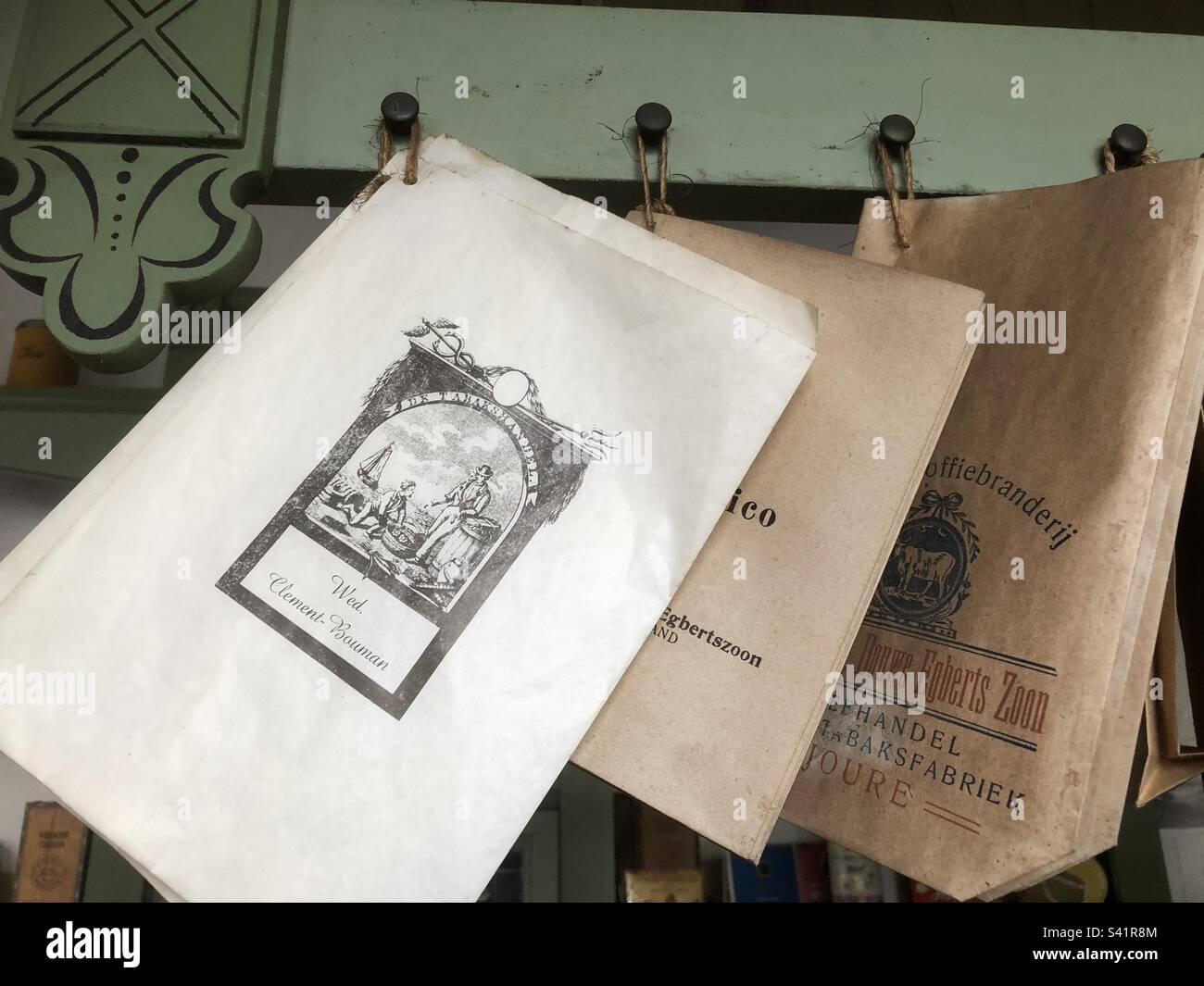 Old tobacco bags hanging in an old tobacco shop, Netherlands Stock ...