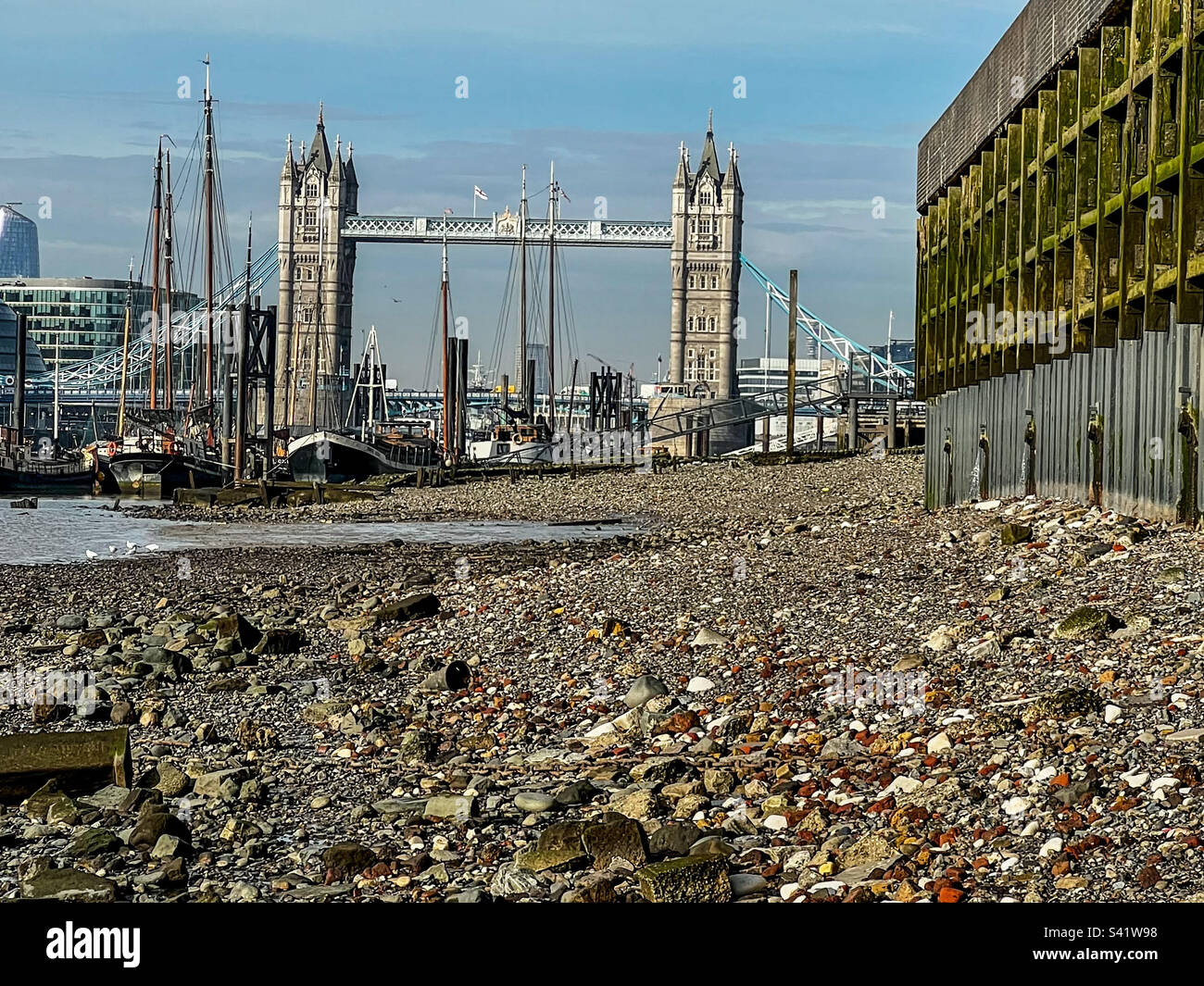 Tower Bridge London from River Thames foreshore Wapping Stock Photo - Alamy