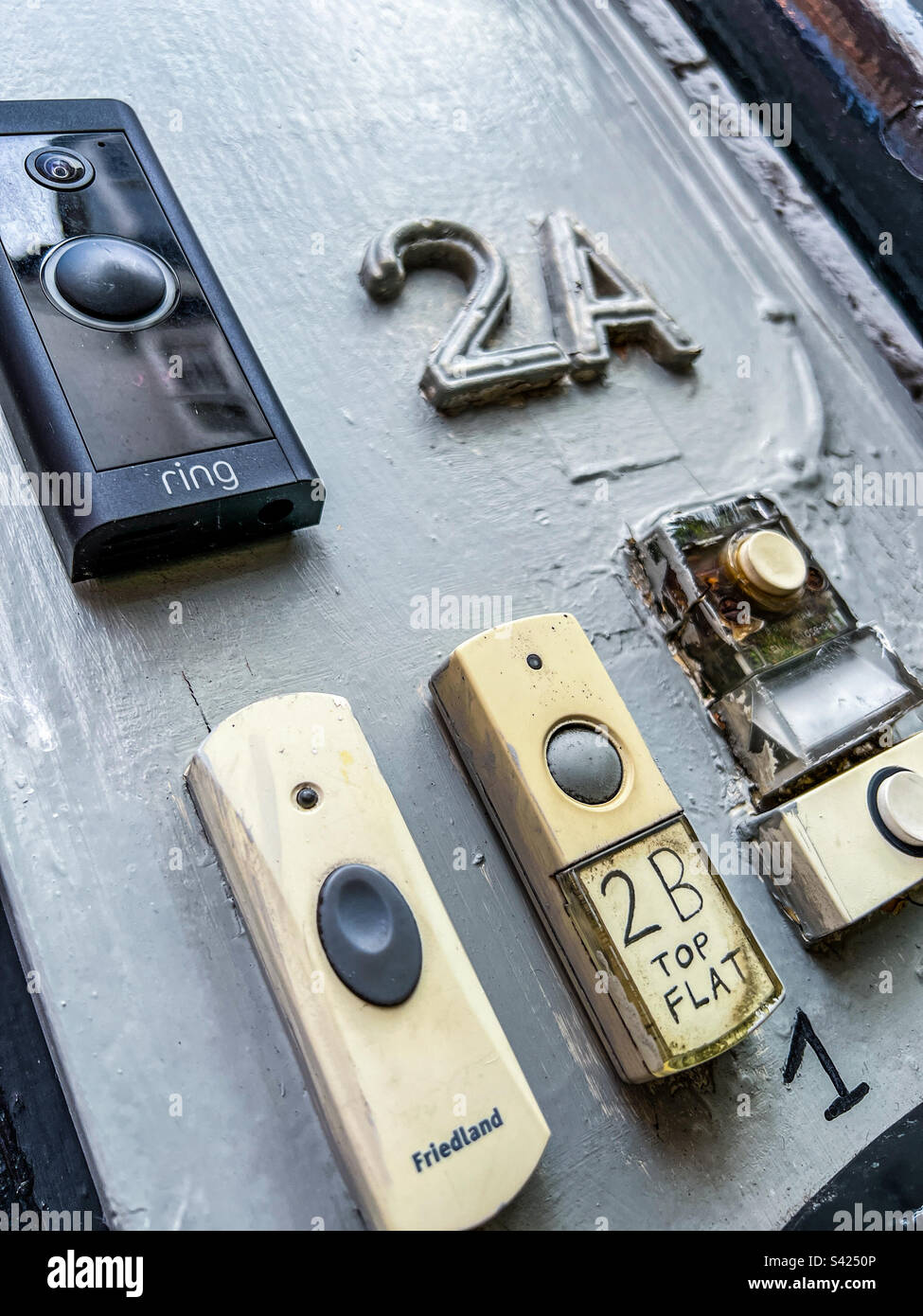 Door bells on flat door Stock Photo - Alamy