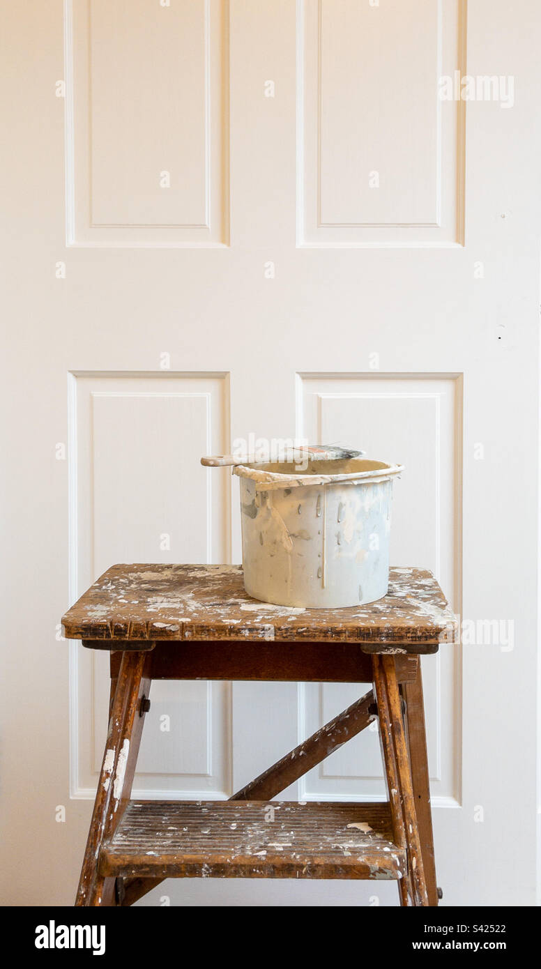 Decorating - paint and paintbrush on paint splattered step ladders ...