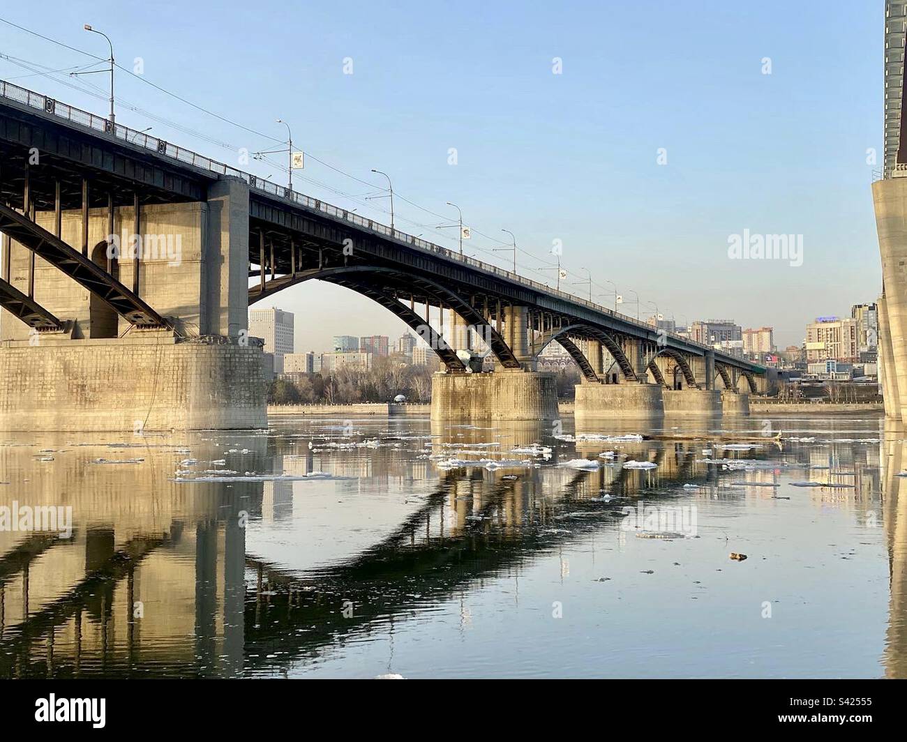 A road bridge over the Ob River in the city of Novosibirsk in Russia ...