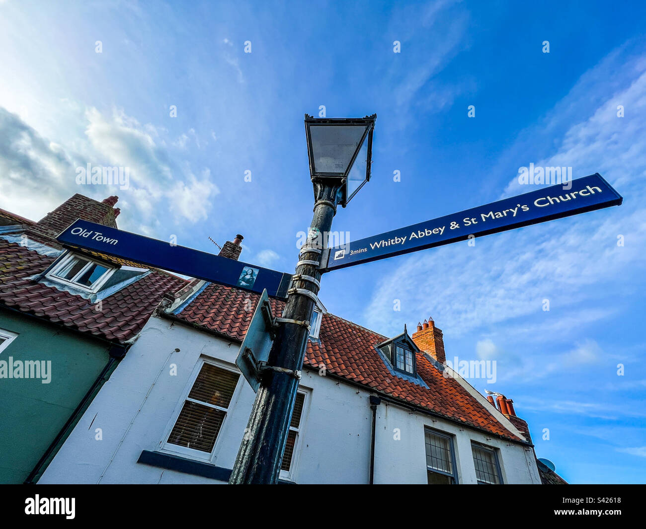 Whitby Abbey and Old Town sign in Whitby North Yorkshire Stock Photo ...