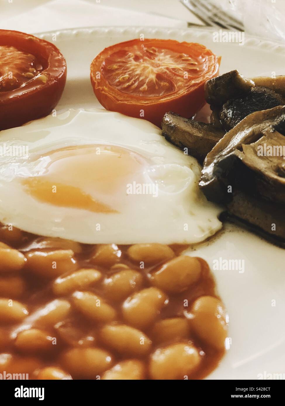 Usual English breakfast of baked beans, fried egg, roasted tomato and ...