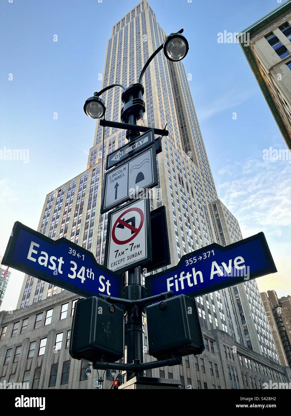 Signs indicating the intersection between 34th street and 5th avenue in New York with the Empire ...