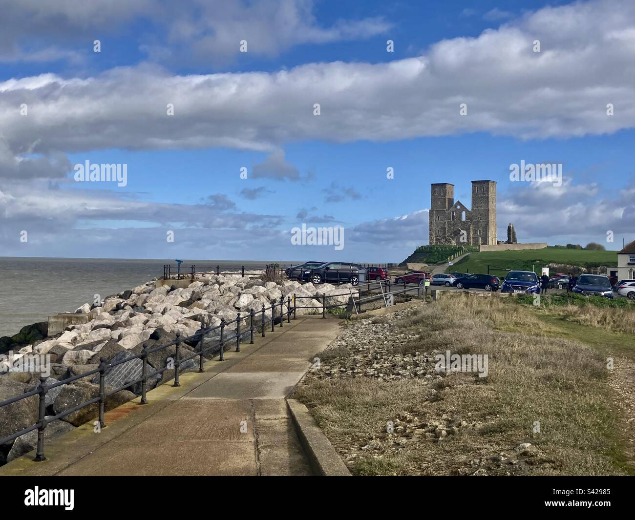Reculver Towers - monastic church ruins Stock Photo - Alamy