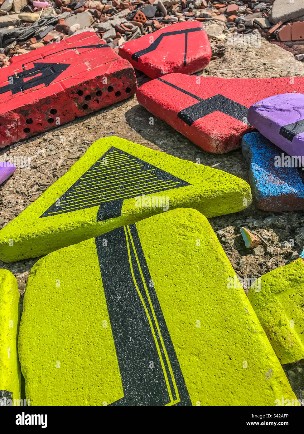 Strange coloured blocks on Blitz beach Stock Photo - Alamy