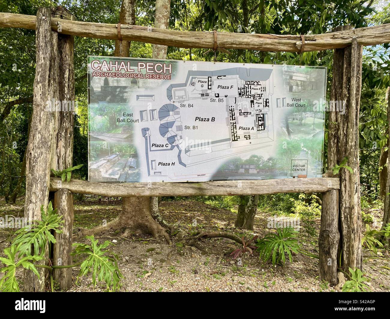 Signage depicting layout of the ruins site at Cahal Pech Archaeological ...
