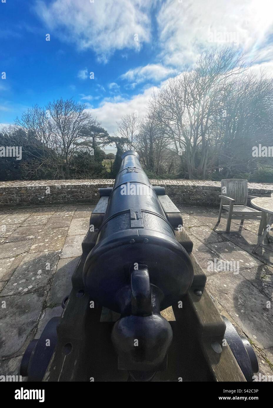 Canon outside on the battlements of Walmer Castle in Kent point to the ...